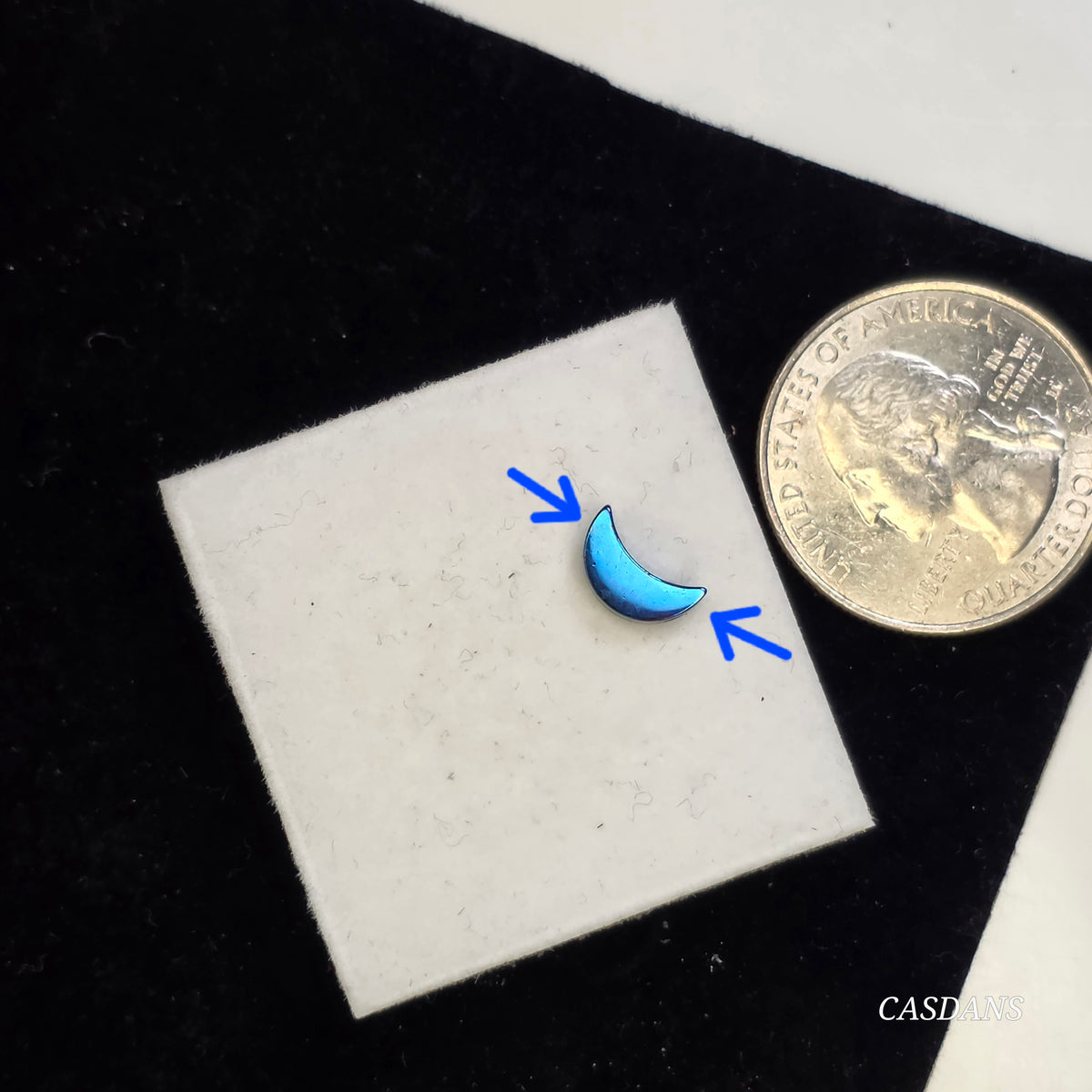 Vertical Drilled Blue Coated Hematite Moon Bead — CASDANS